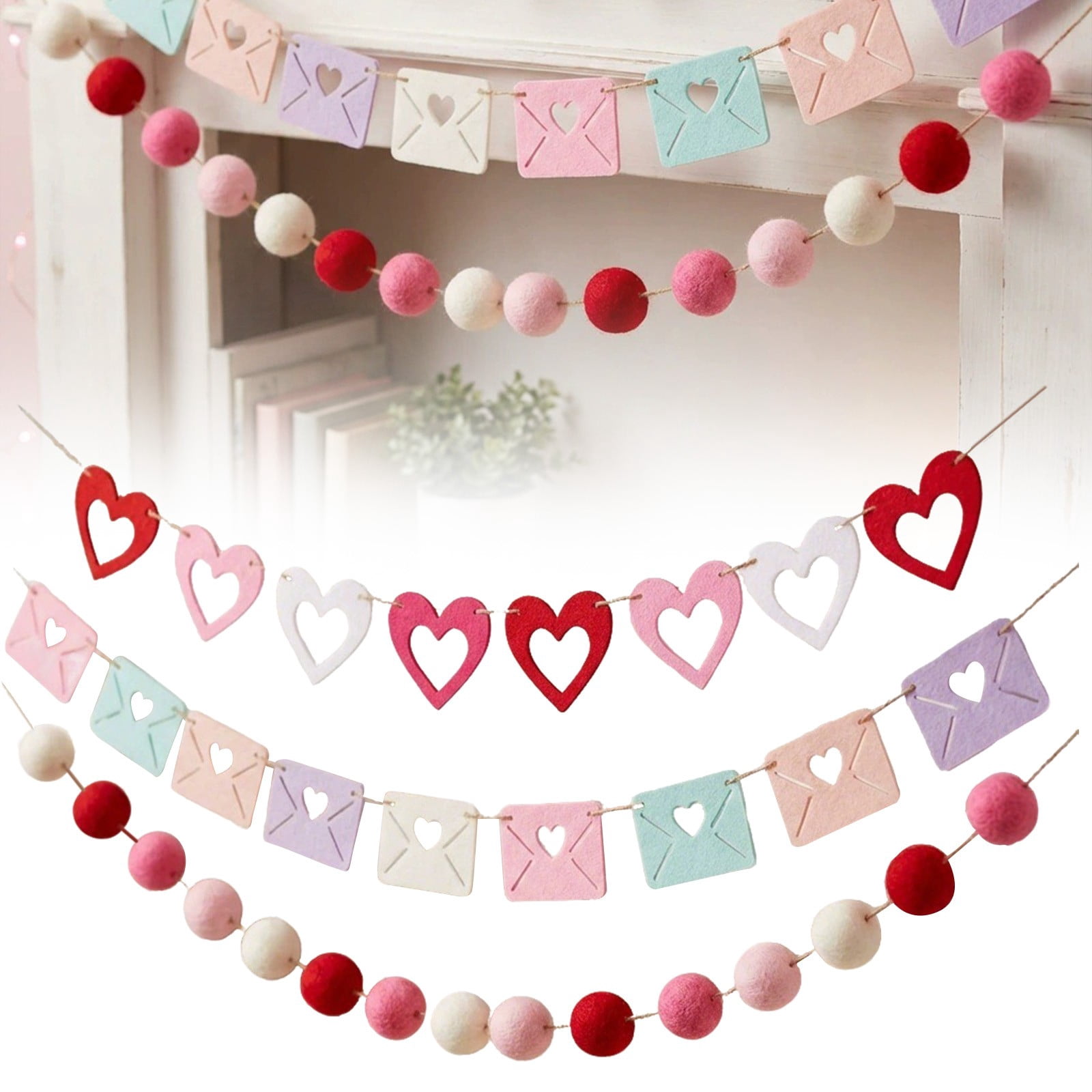 Valentine's Day Garland Natural Vintage Rattan Heart Banner with Wood ...