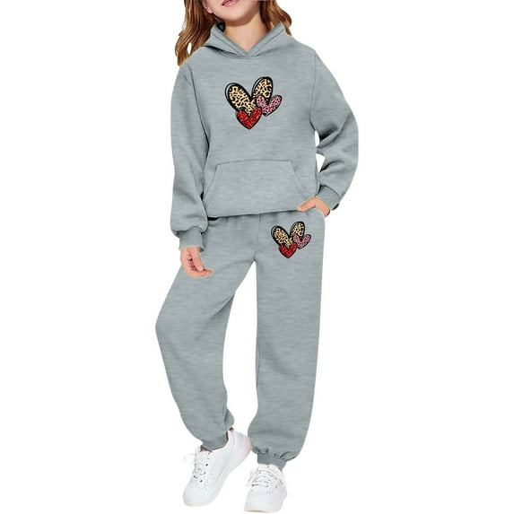 Valentine's Day Girls Hoodie And Jogger With Leopard Heart Print Cozy ...