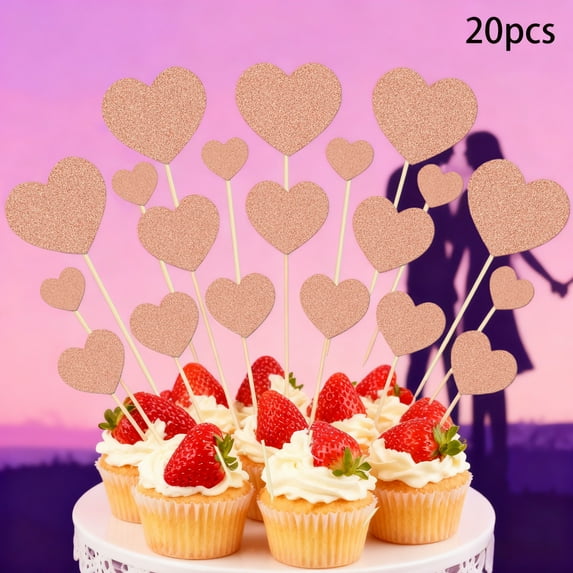 Valentine's Day Glitter Paper Heart Flag Cake Toppers | 20-Pack Party ...