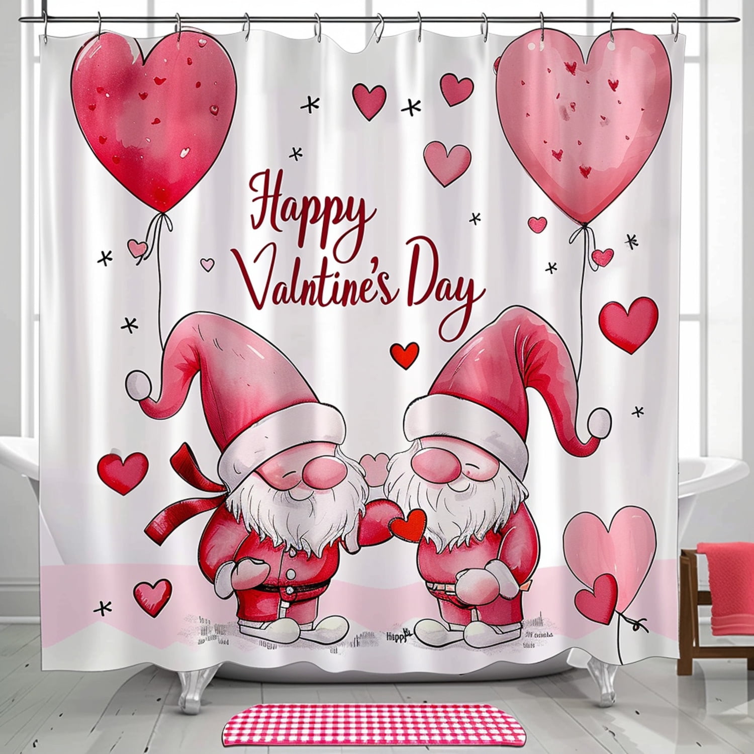 Valentine's Day Gnomes Shower Curtain Set with Heart Balloons Heart-Patterned Curtains and Love ...