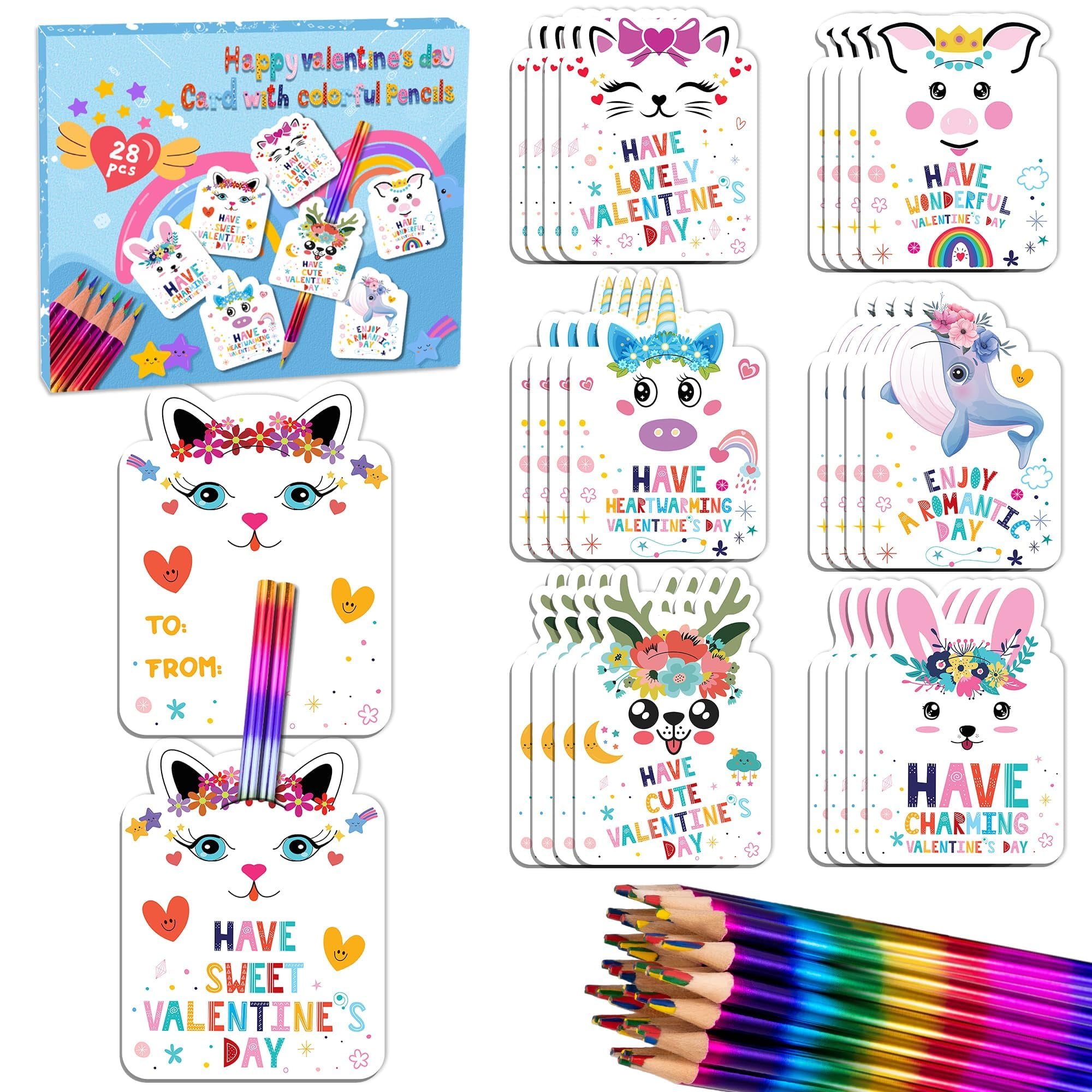 Valentine's Day Greeting Cards AIF4 with Rainbow Pencils for Kids ...