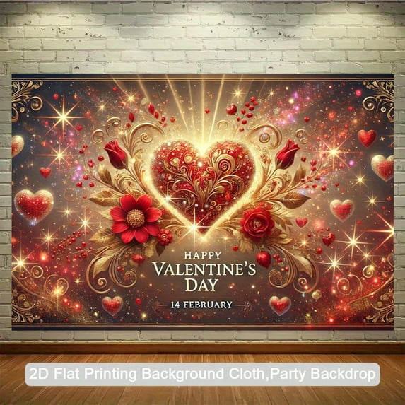 Valentine's Day Heart Backdrop Romantic Red Golden Floral Happy ...