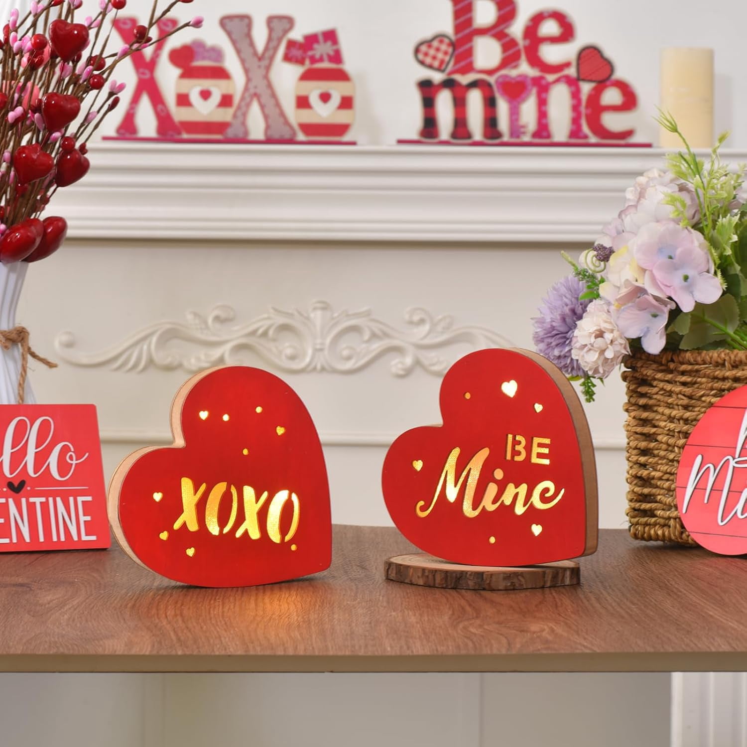 Valentine's Day Heart Decor - 2 count Lighted Wooden Heart Decorations ...