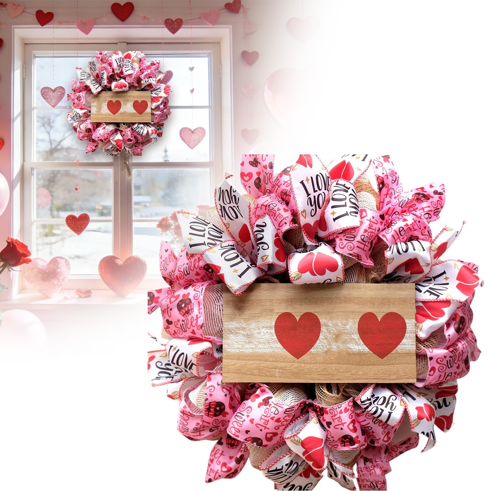 Valentine’s Day Heart Ribbon Mesh Wreath 35cm, Romantic Red Ribbon ...