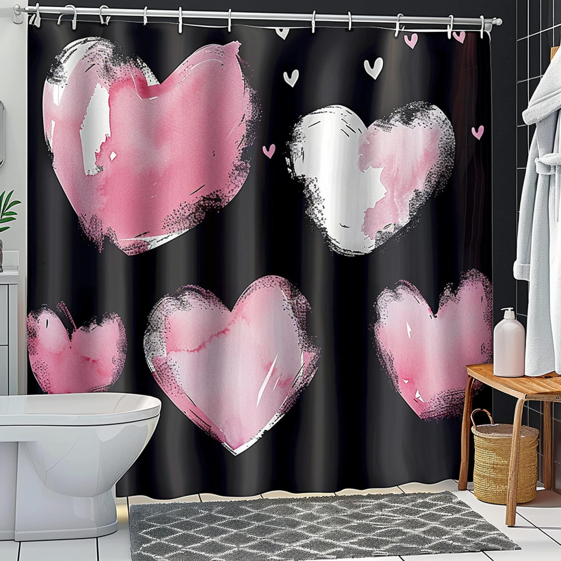Valentines Day Heart Shower Curtain Set Pink White Black Hearts Modern