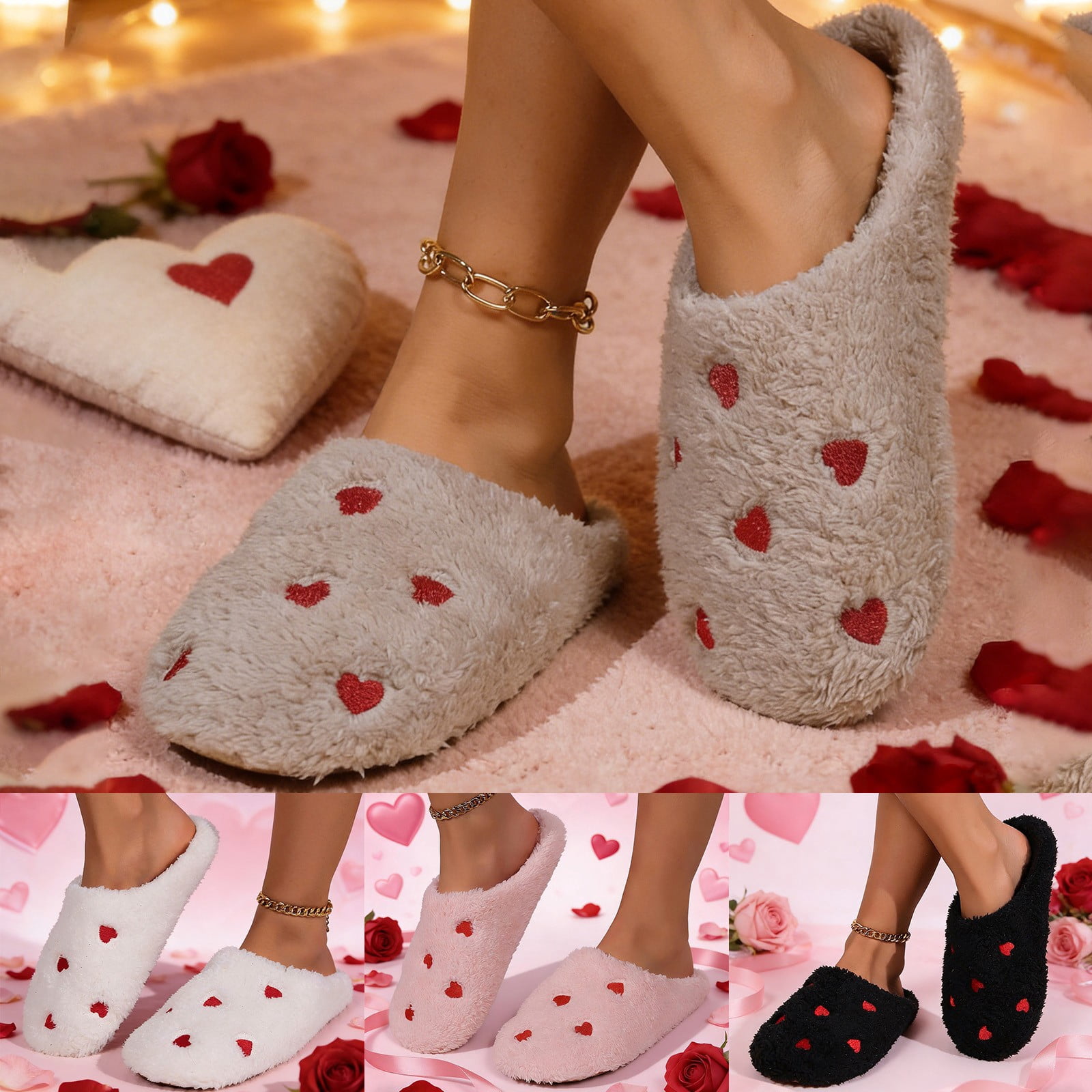 Valentine's Day Heart Slippers Women's Comfort Memory Foam House ...
