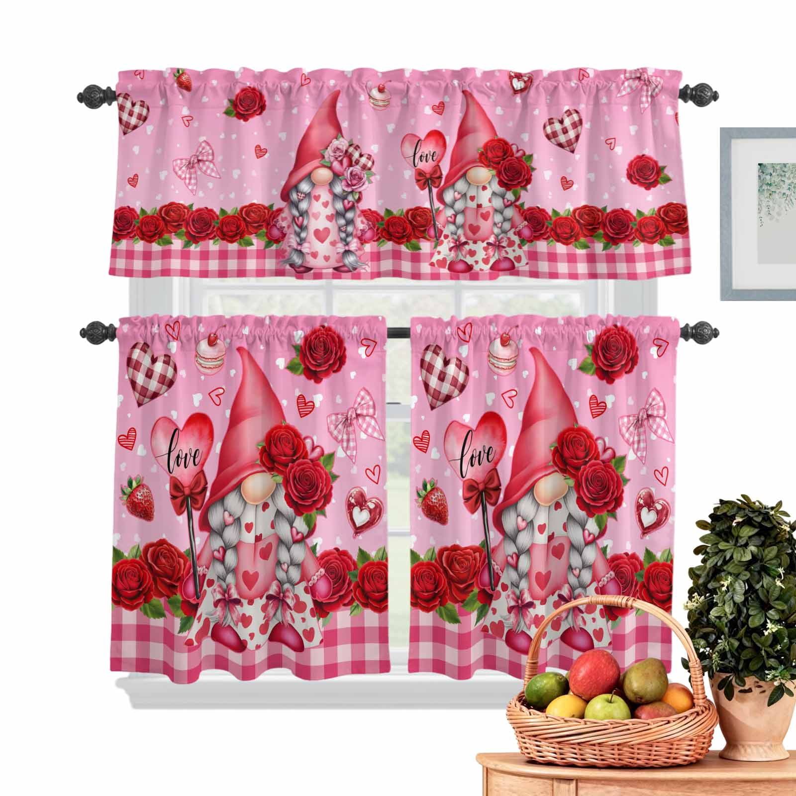 Valentine's Day Kitchen Curtains Valances 3 Piece Set, Cute Gnome ...