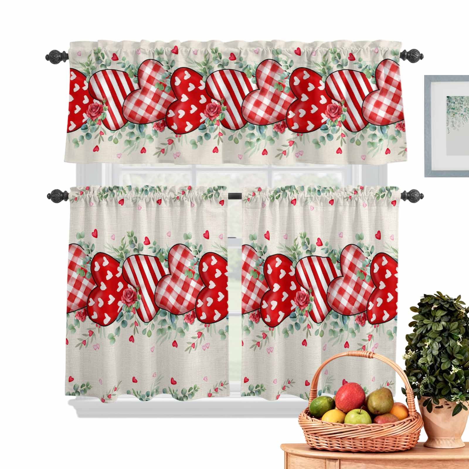 Valentine's Day Kitchen Curtains Valances 3 Piece Set, Red Stripe Plaid ...