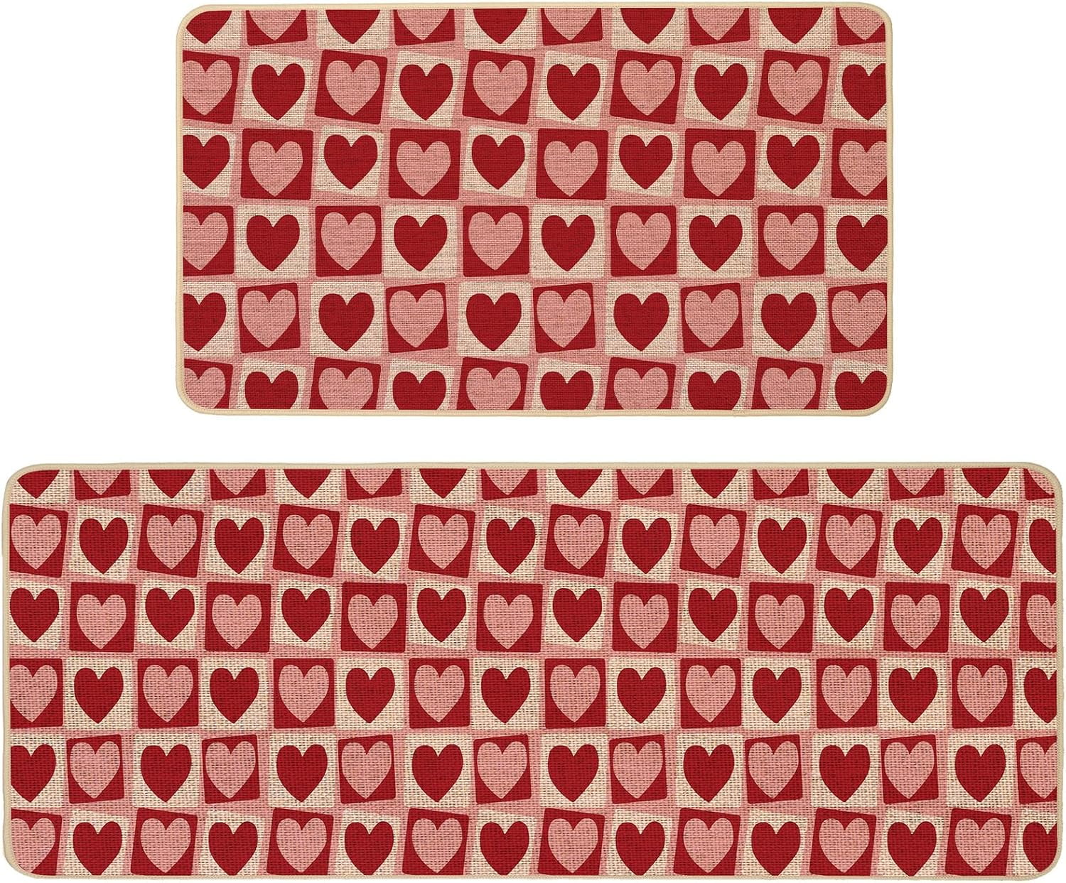 Valentine''s Day Kitchen Mats Set of 2, Red Pink Love Heart Plaid ...