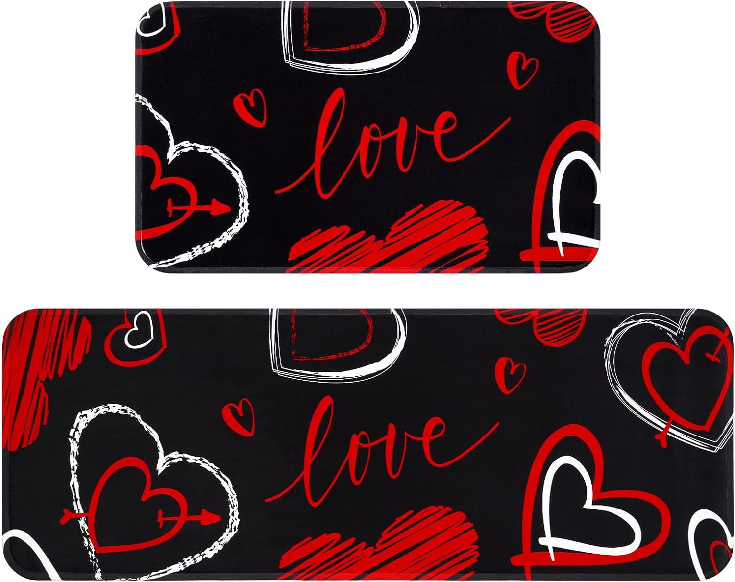 Valentine''s Day Kitchen Rug Set of 2, Red Love Heart Valentine Kitchen ...