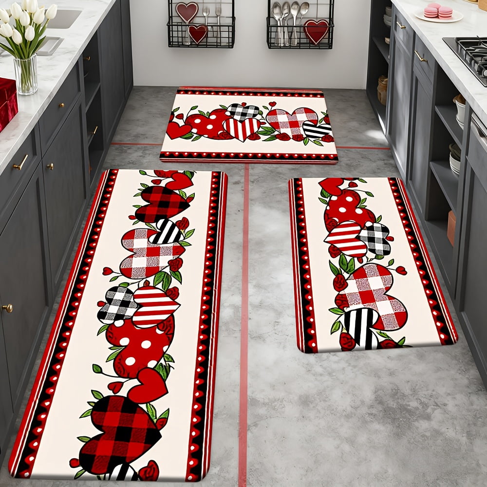 Valentine's Day Kitchen Rug Set, Red White Checkered with Polka Dot ...