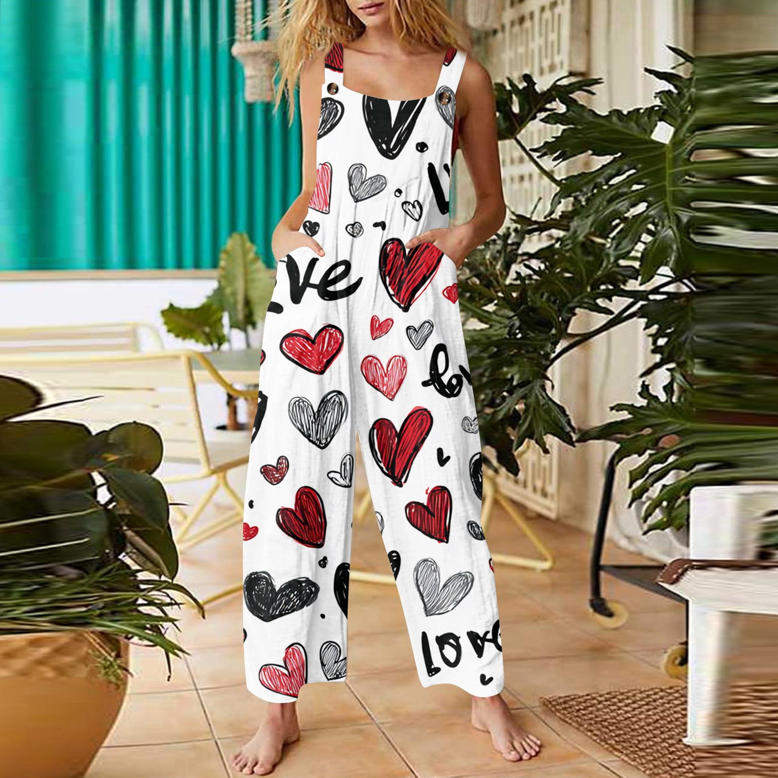 Valentine's Day One Piece Overall for Women Pink Love Heart Printed ...