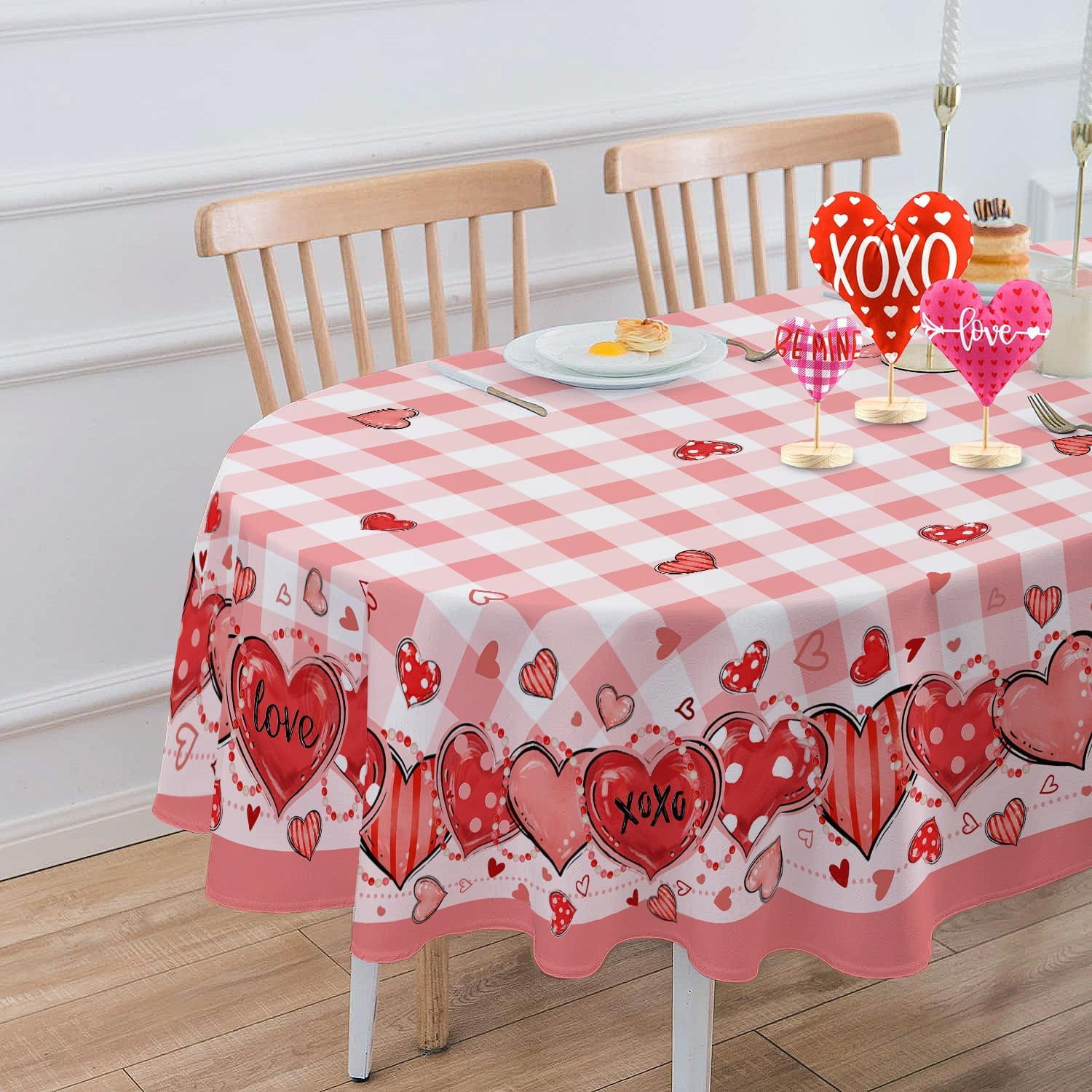 Valentine''s Day Oval Tablecloth 60×84 inch,Pink Buffalo Plaid Washable ...