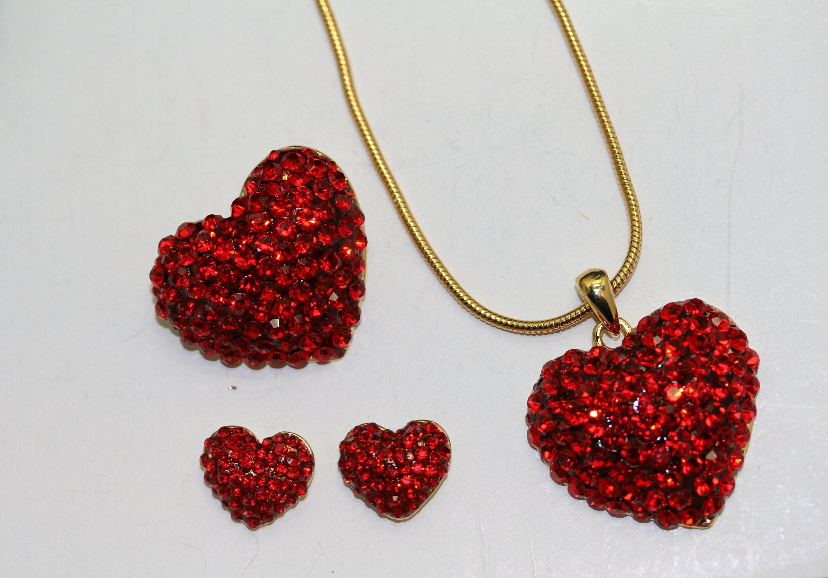 Valentine's Day Pendant Pin & Earrings Set, Red Ruby Rhinestone ...