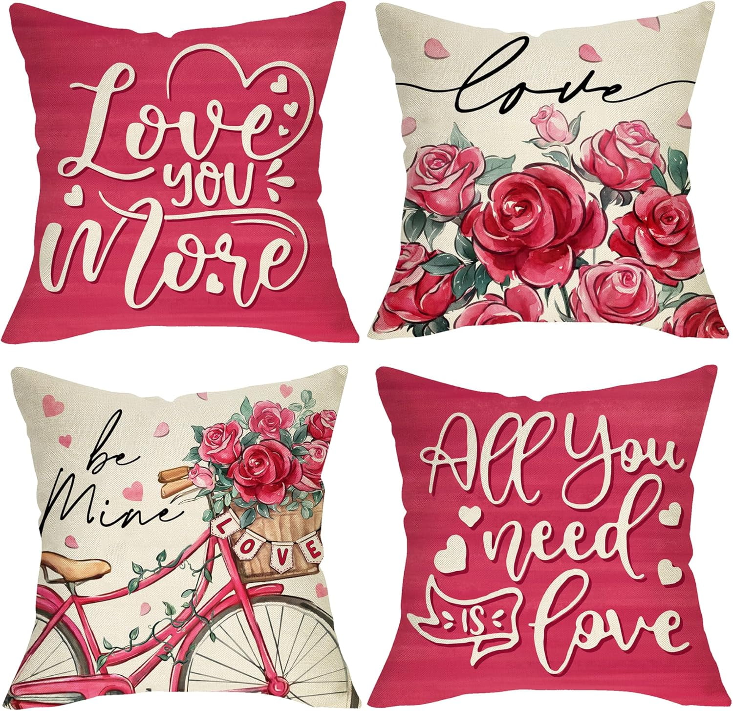 Valentine''s Day Pink Rose Bike Decorative Throw Pillow Covers 18x18 Set of 4, All You Need is ...