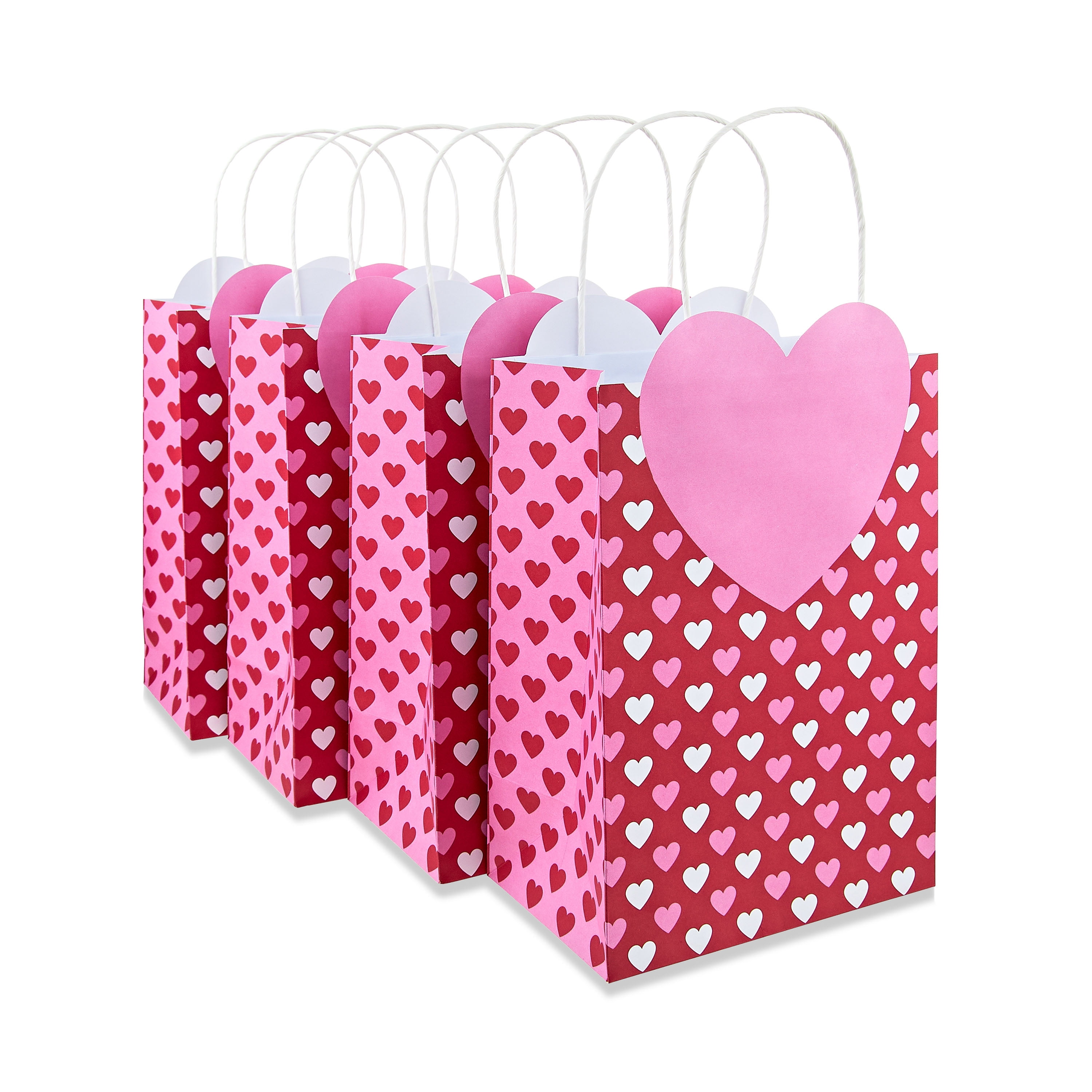 Valentine's Day Pink & White Heart Gift Bags, 11.7 in, 4 Count, by Way ...