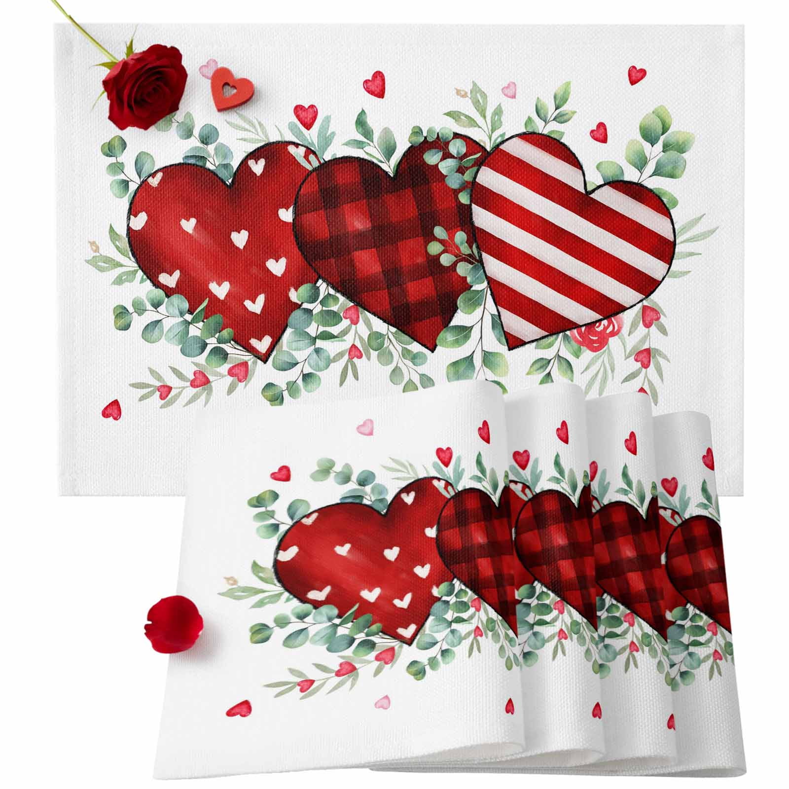 Valentine's Day Placemats Set of 4, Red Love Heart Place Mats Buffalo ...