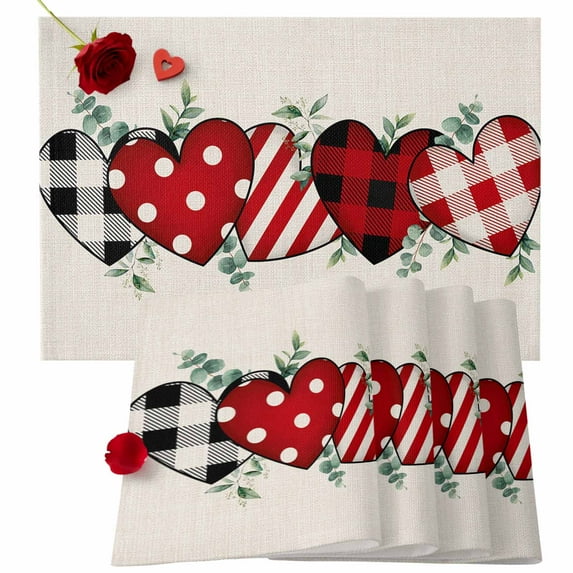 Valentine's Day Placemats Set of 6, Heart Eucalyptus Leaves Plaid Place ...