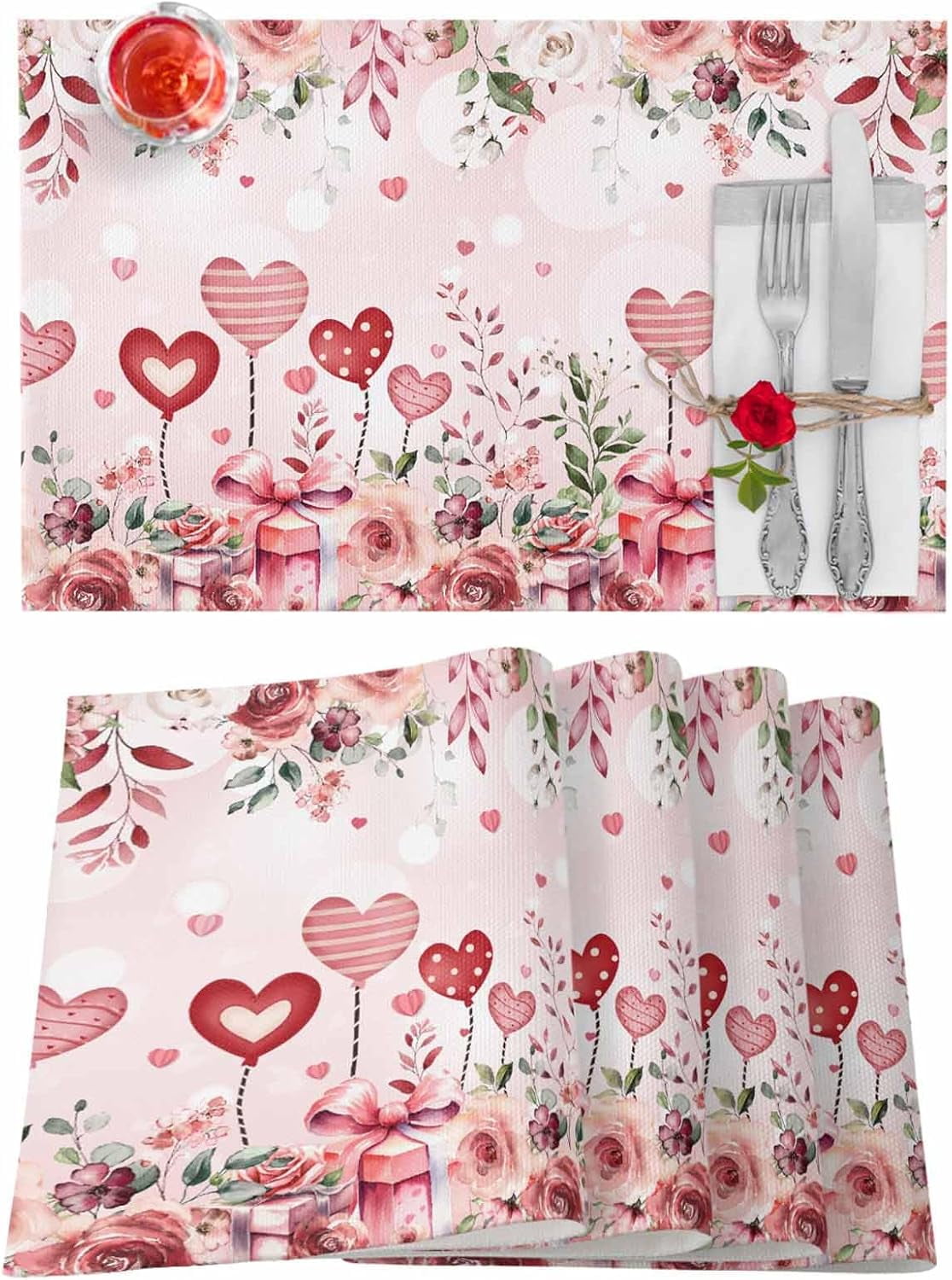 Valentine''s Day Placemats Set of 6, Pink Love Heart Placemat for ...