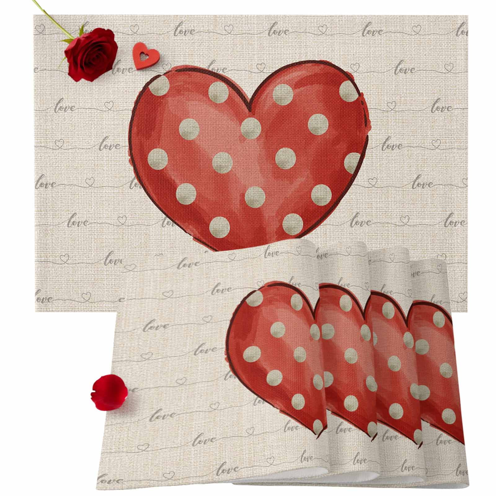 Valentine's Day Placemats Set of 6, Polka Dots Love Heart Place Mats ...