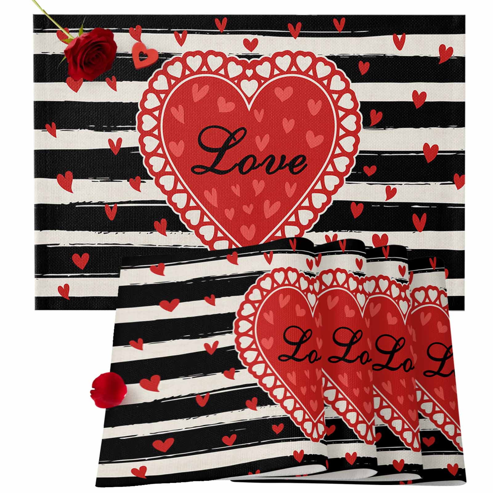 Valentine's Day Placemats Set of 6, Red Love Heart Place Mats Flower ...