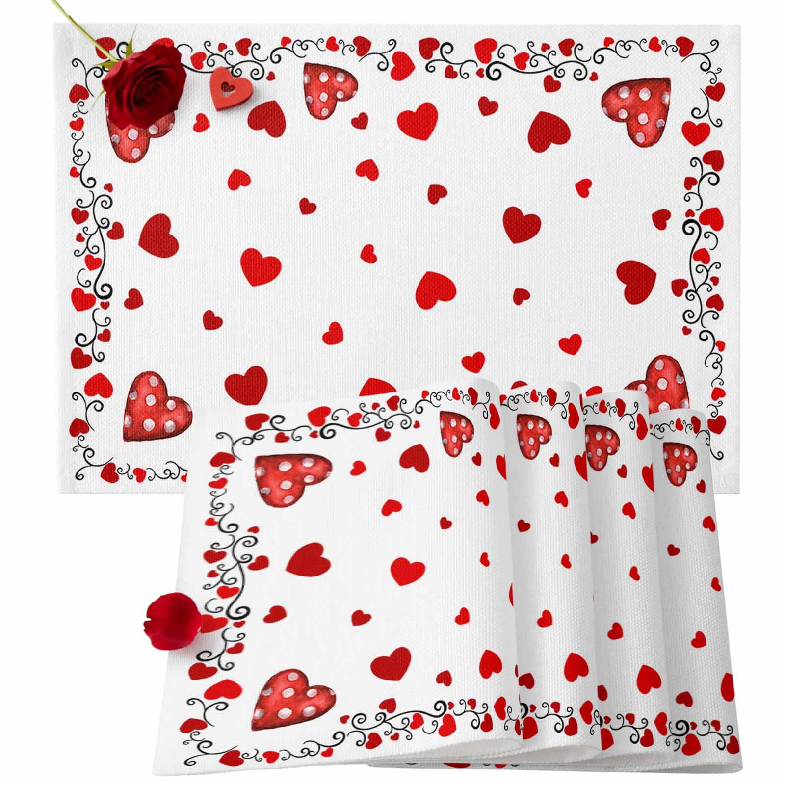 Valentine's Day Placemats Set of 6, Red Love Heart Place Mats White ...