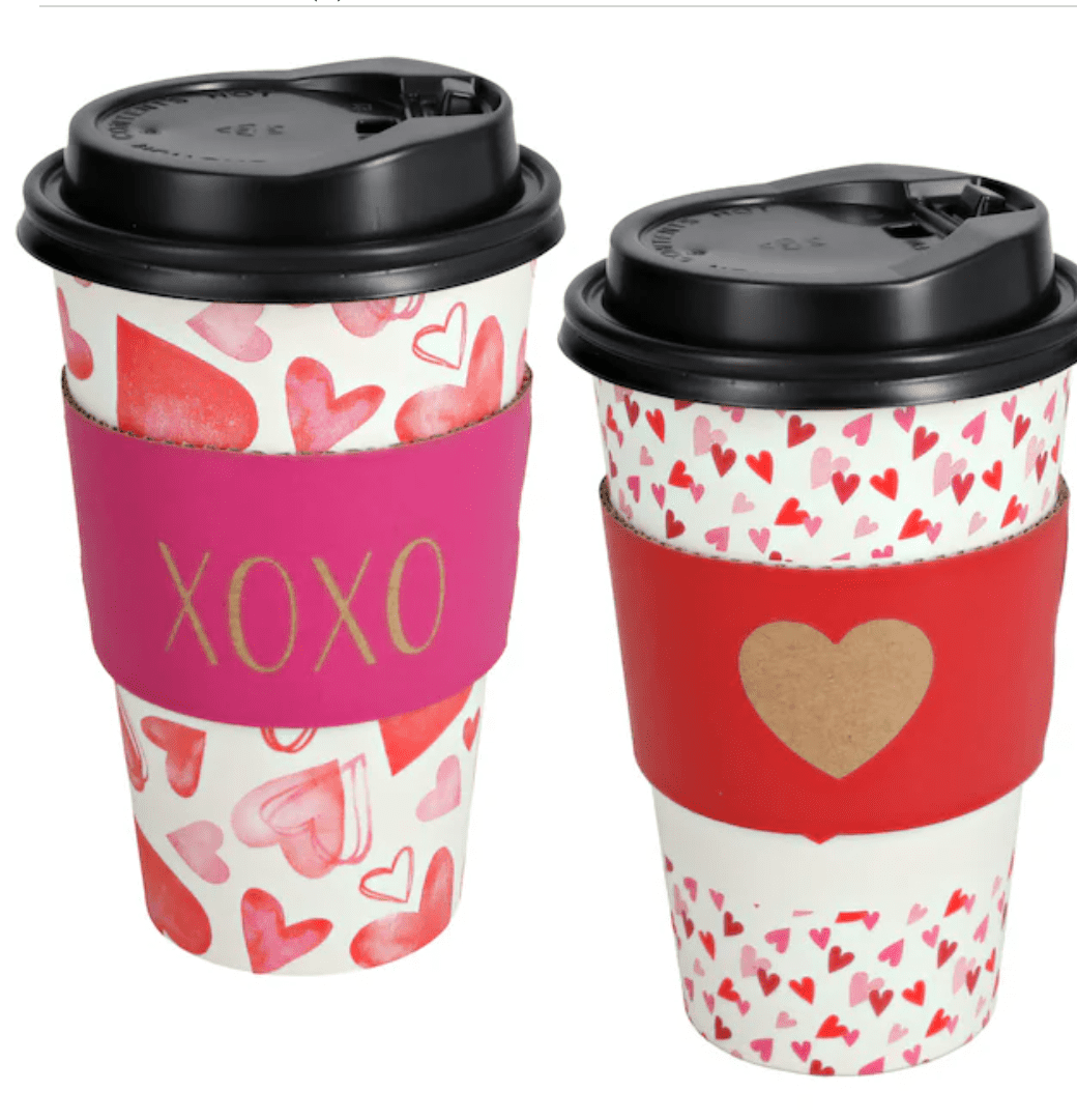 Valentine's Day Printed Coffee Cups with Lids - 16 oz. Heart Design ...