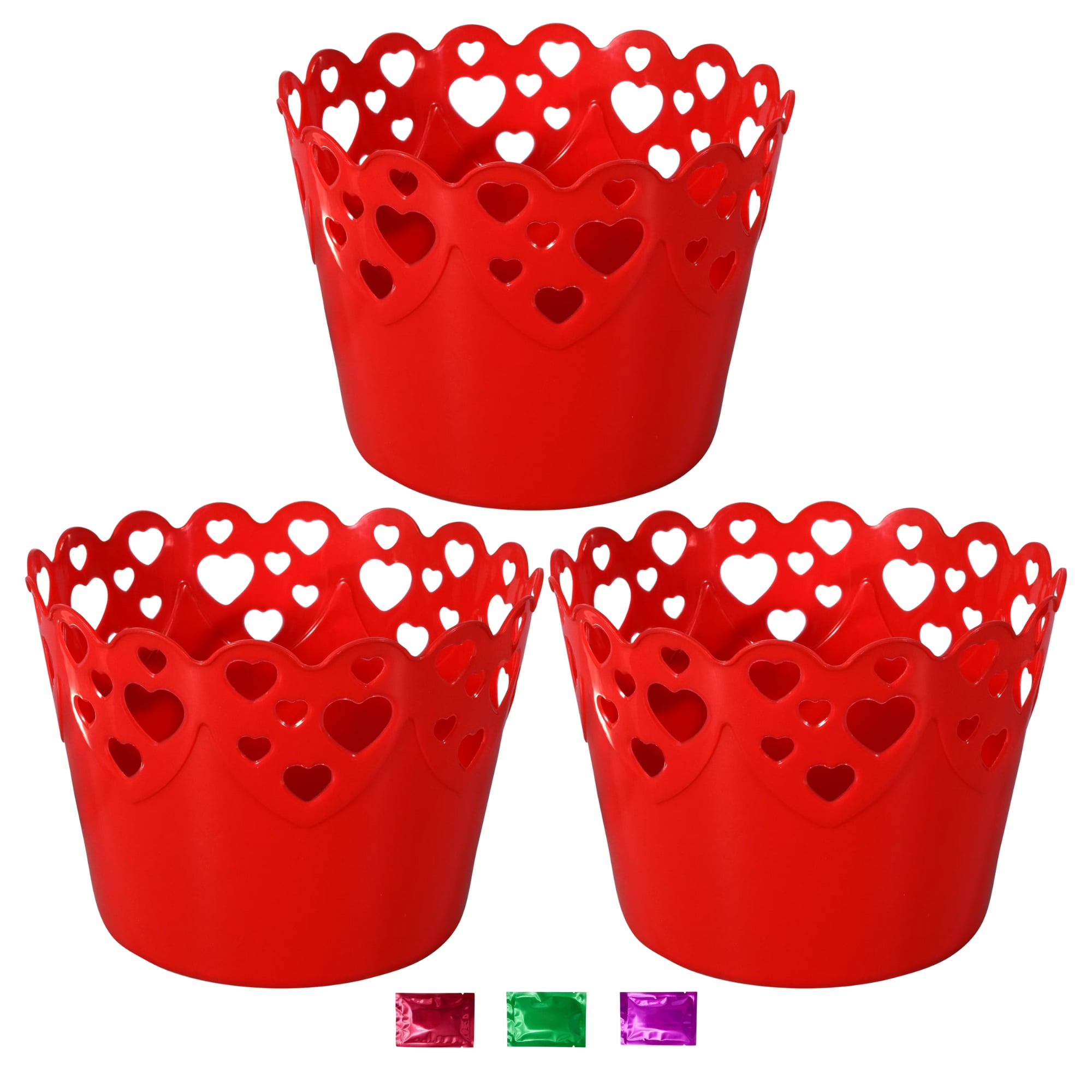 Valentine's Day Red Heart Scalloped Buckets Set of 3, Plastic Storage ...