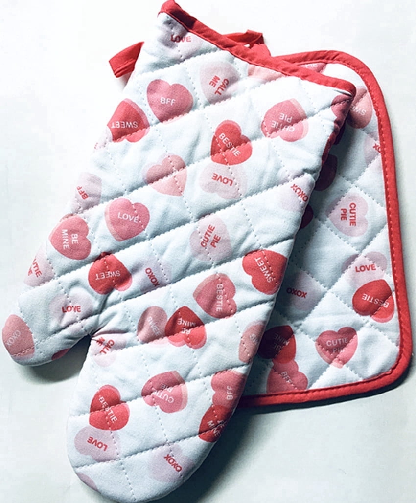 Valentine's Day Red Pink Love Heart Oven Mitt Pot Holder Set of 2, Heat ...
