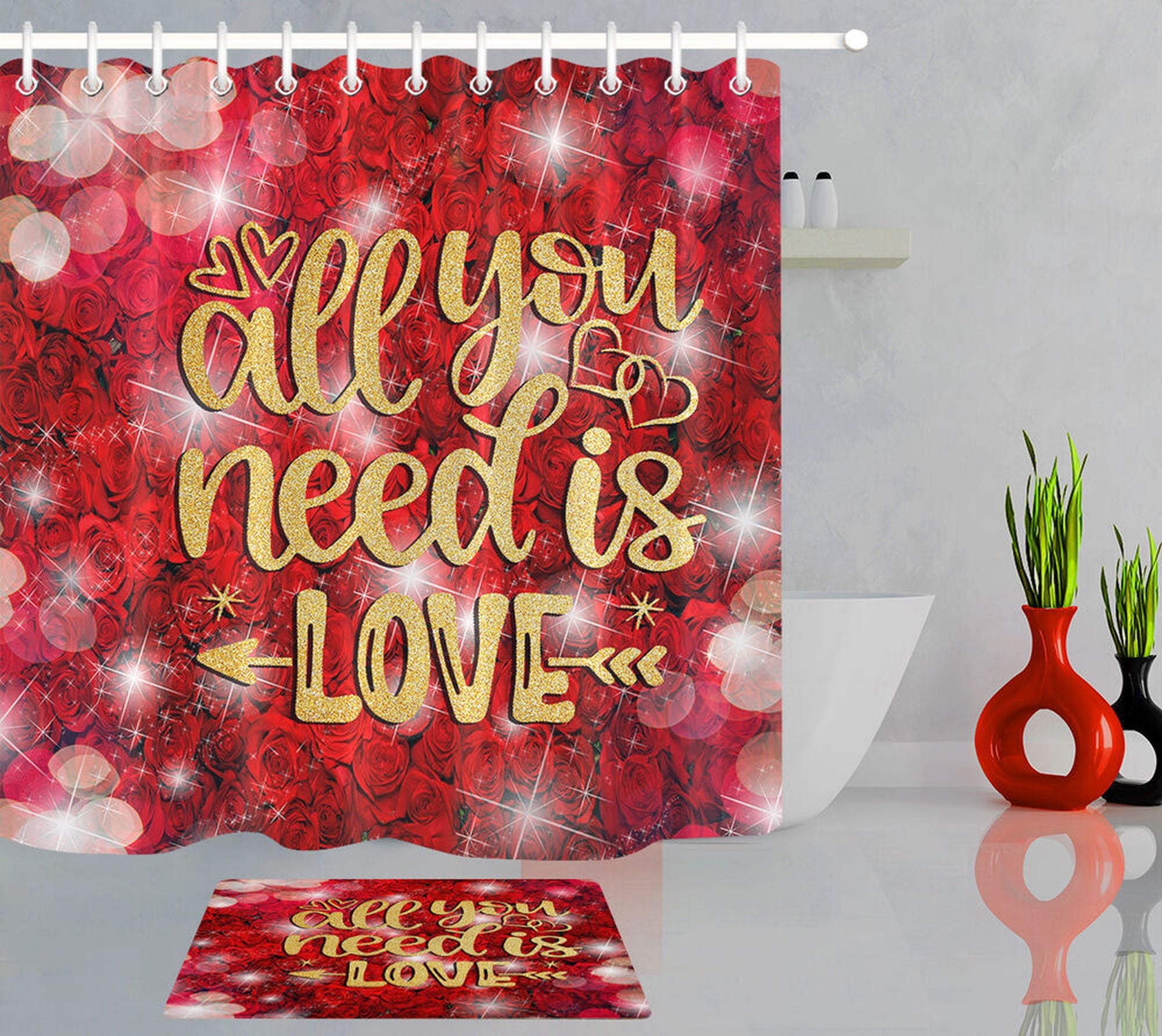 Valentines Day Red Rose Gold Shower Curtain Romantic Bathroom Decor