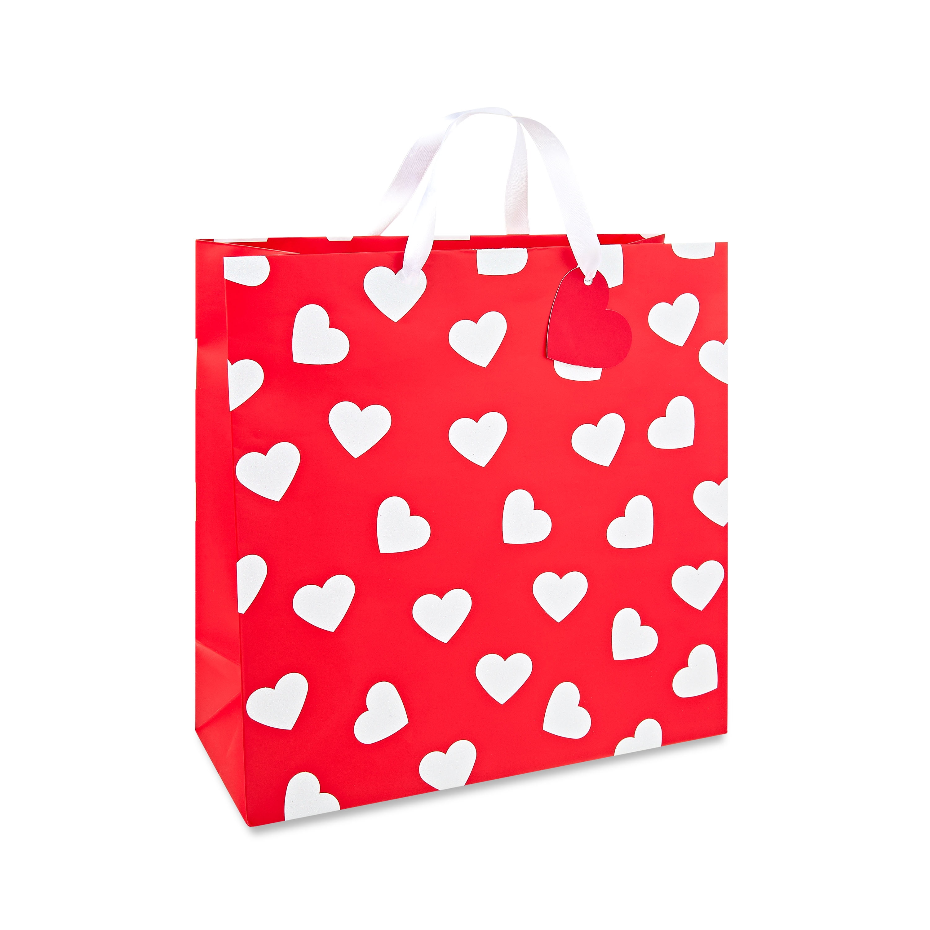 Valentine's Day Red Square Paper Gift Bag, Glitter Hearts, 12 in, by ...