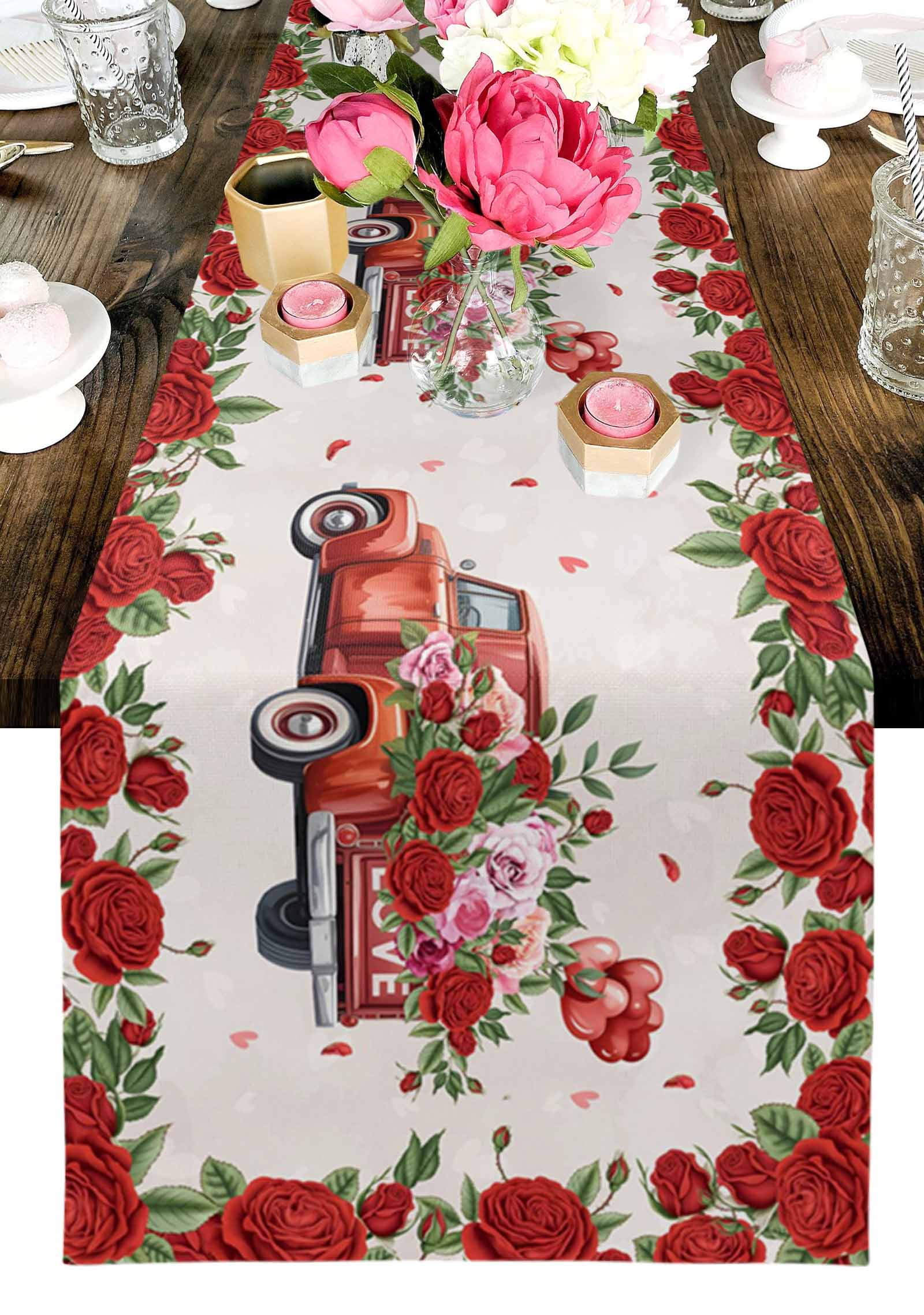 Valentine's Day Red Truck Table Runner, Rose Love Heart Pink Washable ...