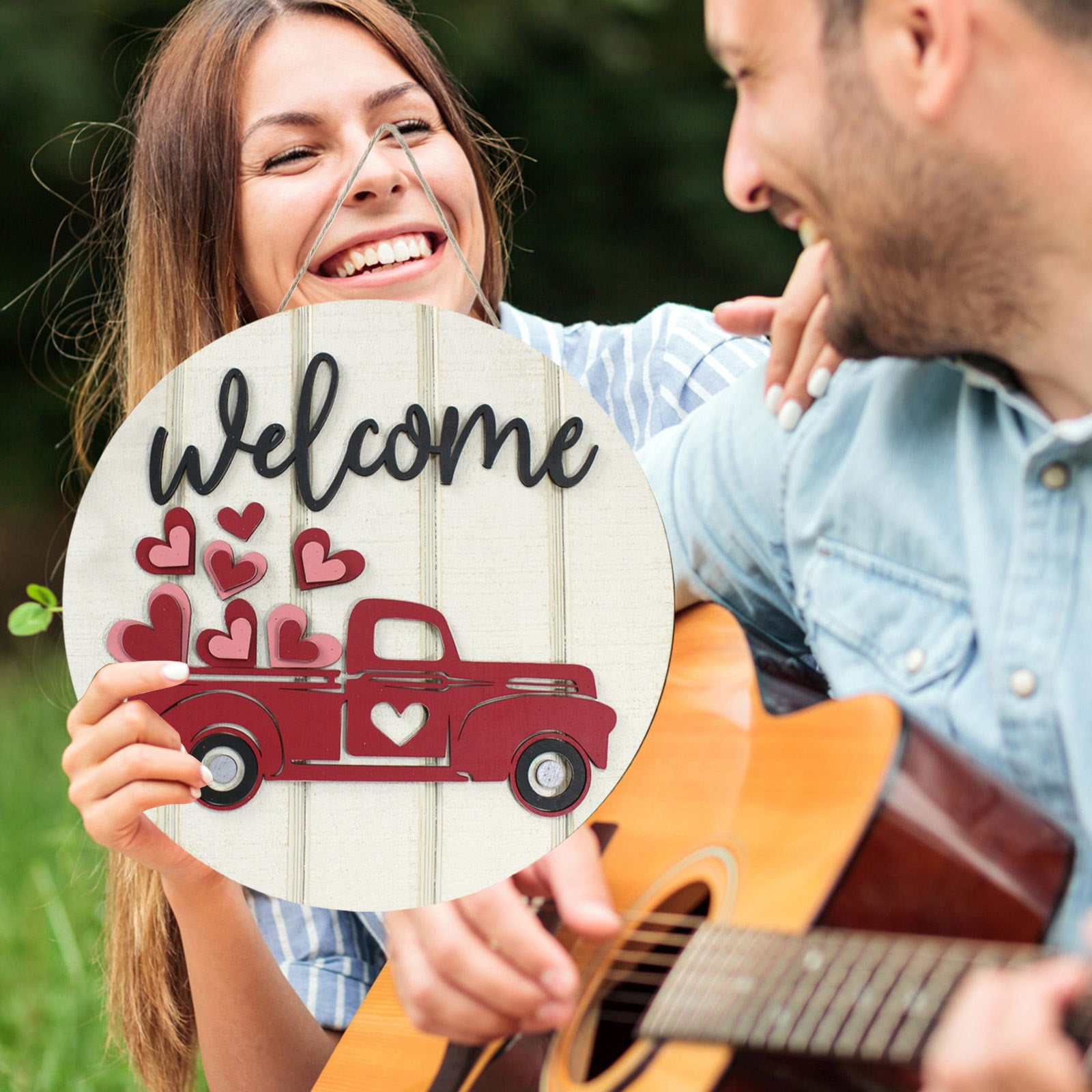 Valentine's Day Red Truck Welcome Sign, 11.8 Inch Rustic Wooden Door ...