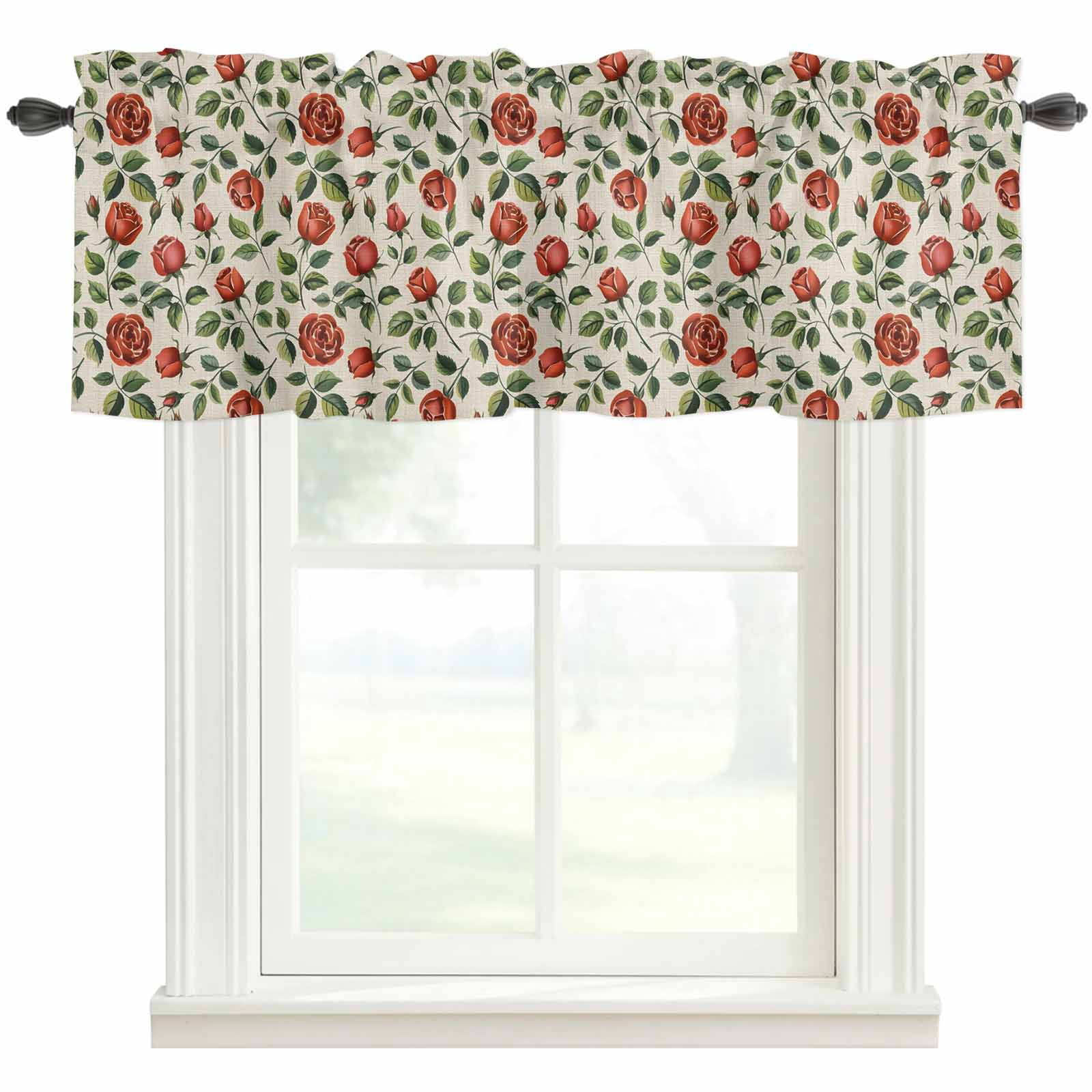 Valentine's Day Rod Pocket Curtain Valance, Red Roses Leaves Plants ...