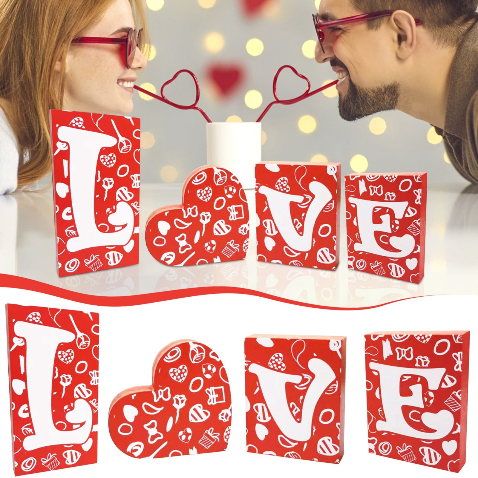 Valentine's Day Romantic Love Letter Decor Set, 5-Piece Wooden Craft ...