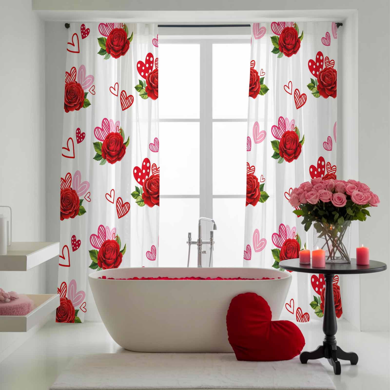 Valentine's Day Rose Flower Heart Chiffon Sheer Curtains 96 Inches Long ...