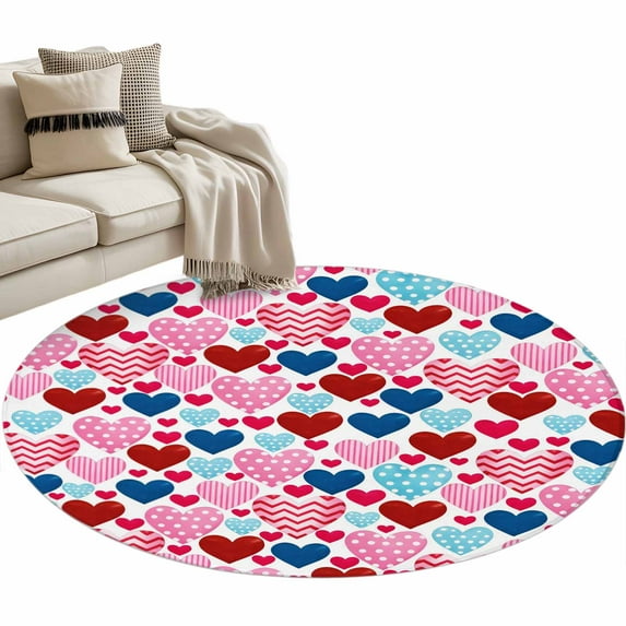Valentine's Day Round Area Rug 4ft Romantic Pink Blue Red Polka Dot ...