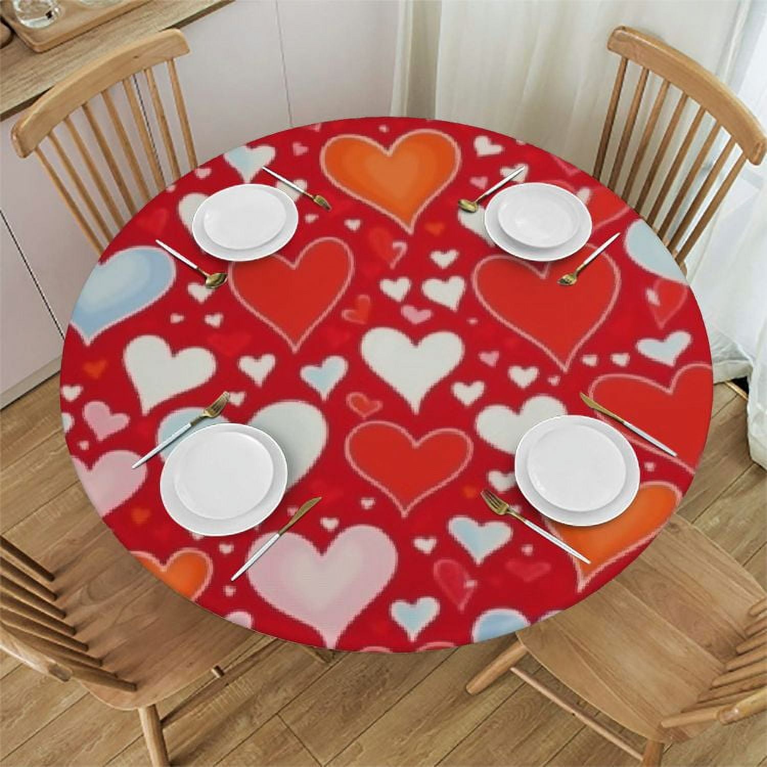 Valentine's Day Round Fitted Tablecloth with Elastic Edge, Red Love ...