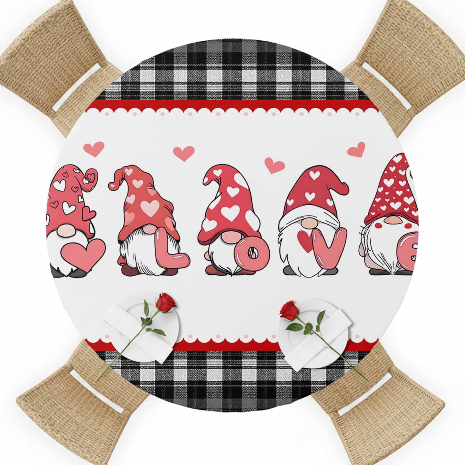 Valentine's Day Round Table Cover, Cute Love Gnome Red Pink Lace Border ...