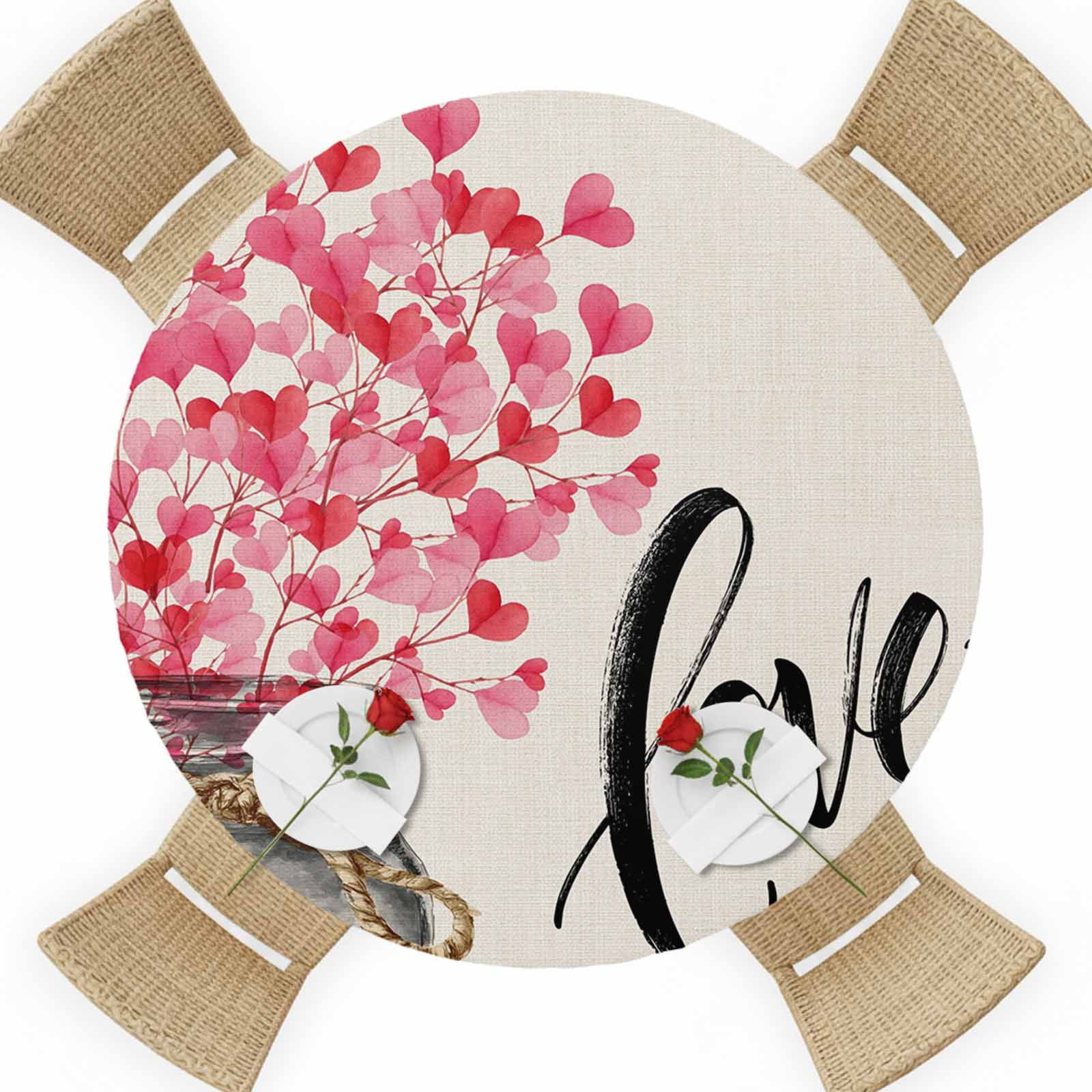 Valentine's Day Round Table Cover, Gradient Pink Love Heart Branch Vase ...