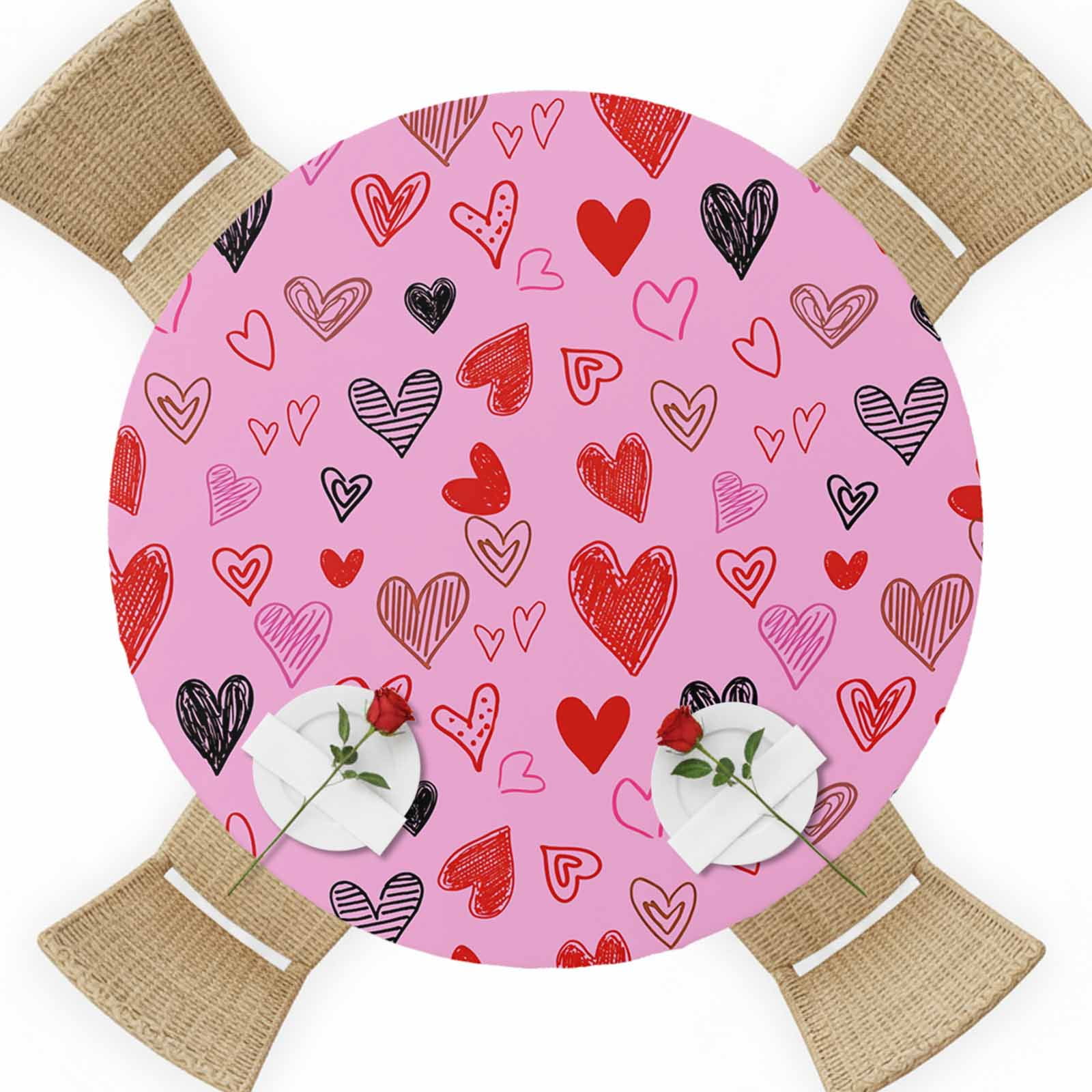 Valentine's Day Round Table Cover, Red Black Love Heart Hand-drawn Pink ...