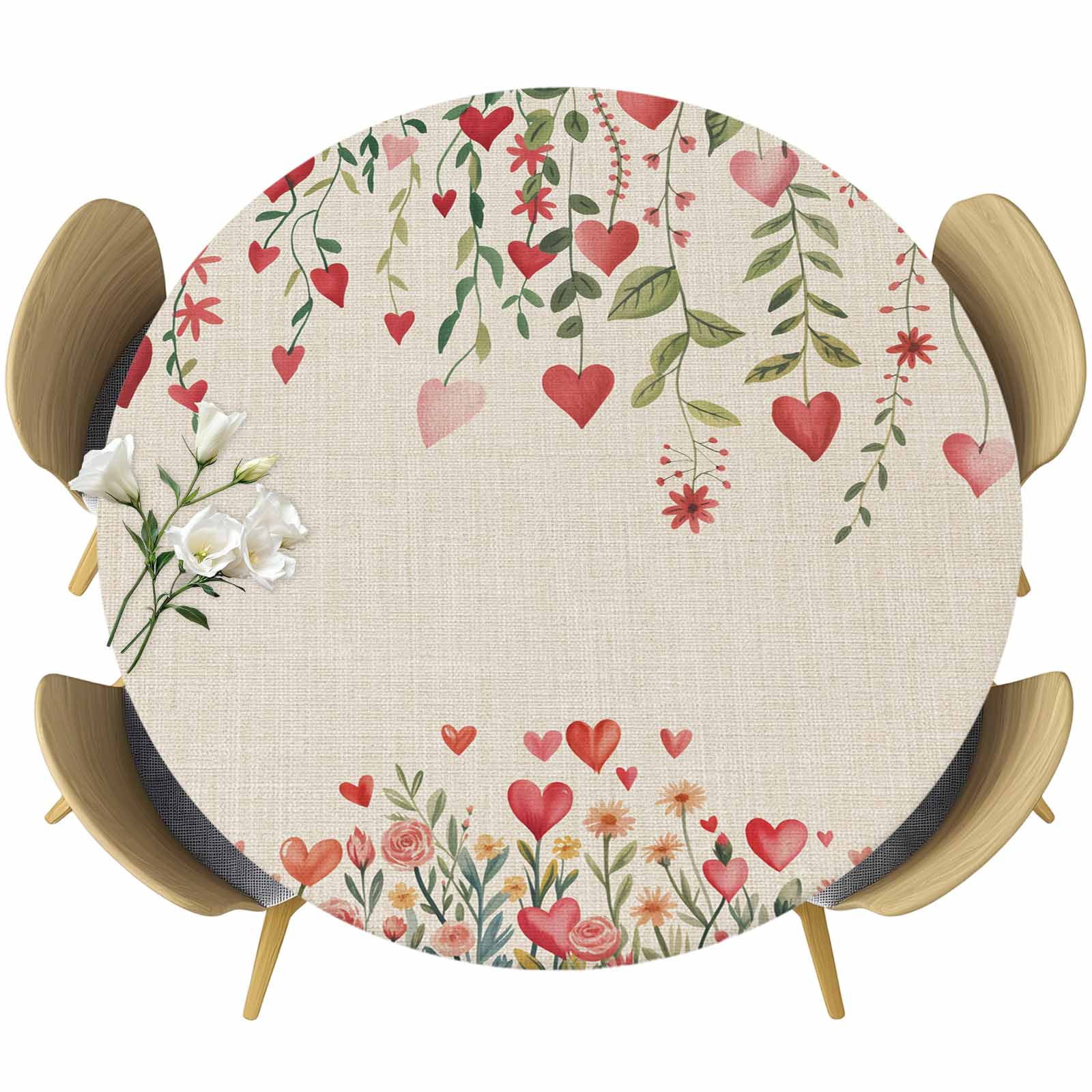 Valentine's Day Round Tablecloth, Fitted Table Cover with Elastic for ...