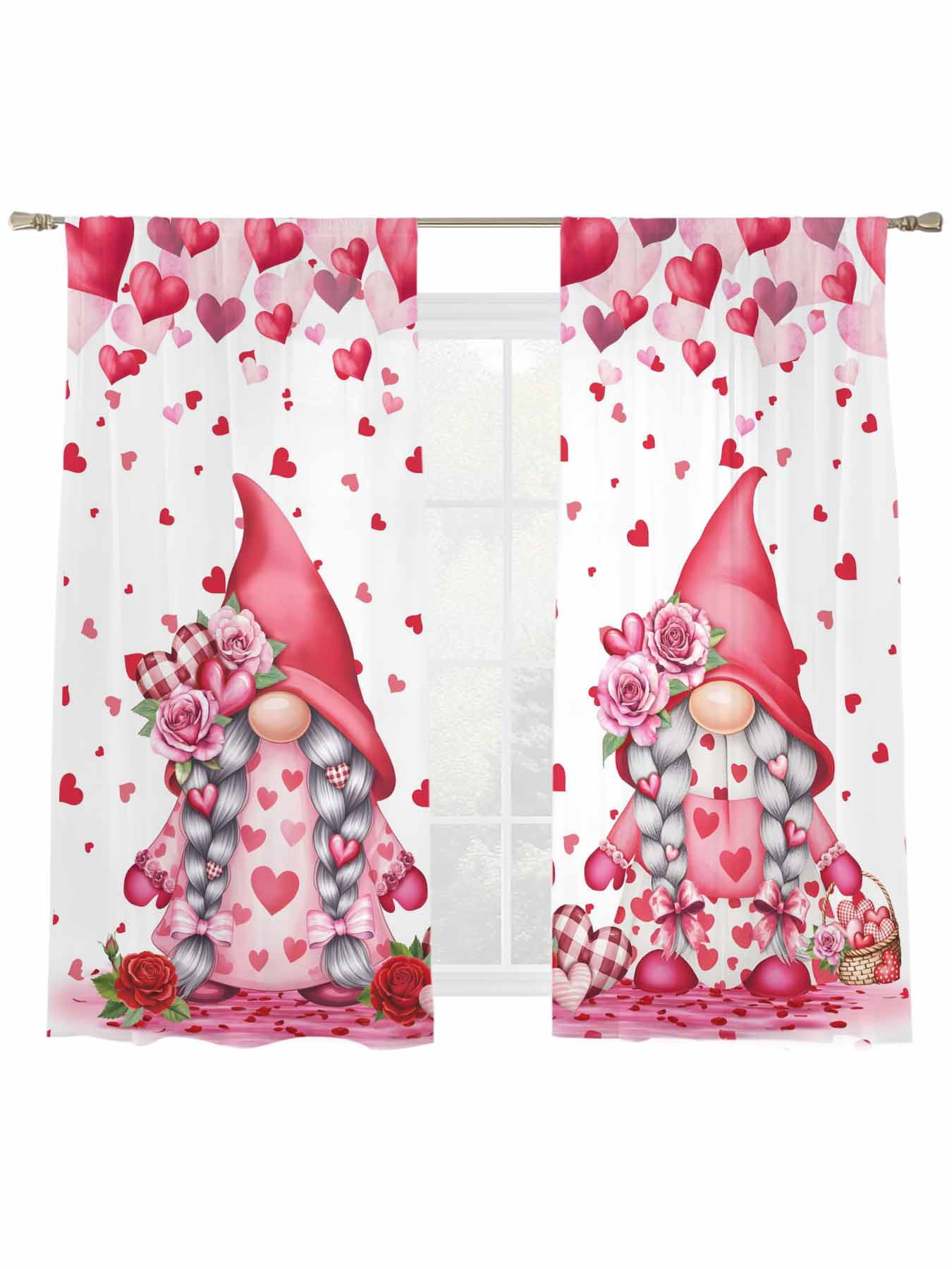 Valentine's Day Sheer Curtains 2 Panels Set Sweet Gnome Couple Ombre ...