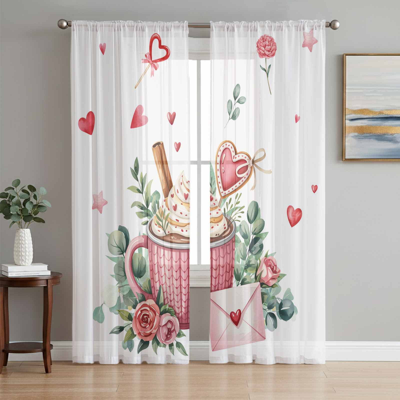 Valentine's Day Sheer Curtains 84 Inch Length 2 Panels Set, Cartoon ...