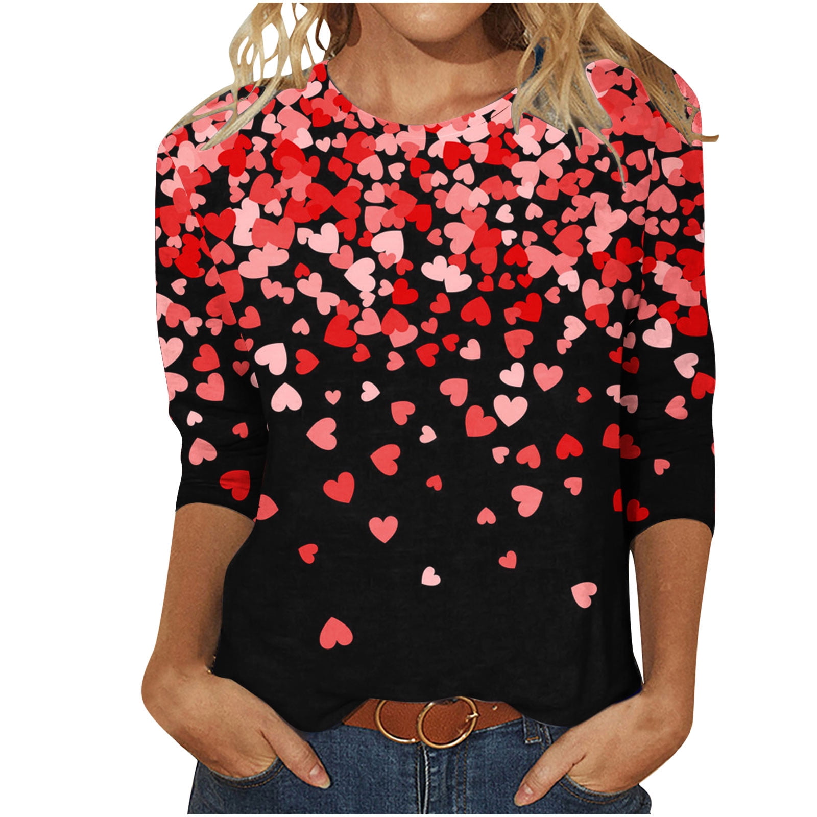 Valentine's Day Shirts Women 3/4 Sleeve T-Shirts Love Heart Print Top Plus Size Spring Casual ...