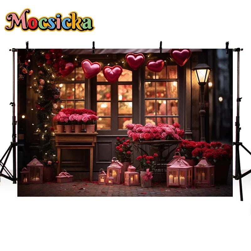 Valentine's Day Shop Backdrop Photography Pink Rose Love Candle Decor ...