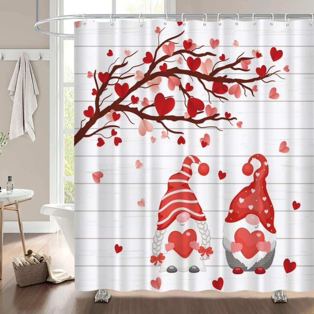 Valentine's Day Shower Curtain Farmhouse Romantic Rose Gnome Couple Red ...