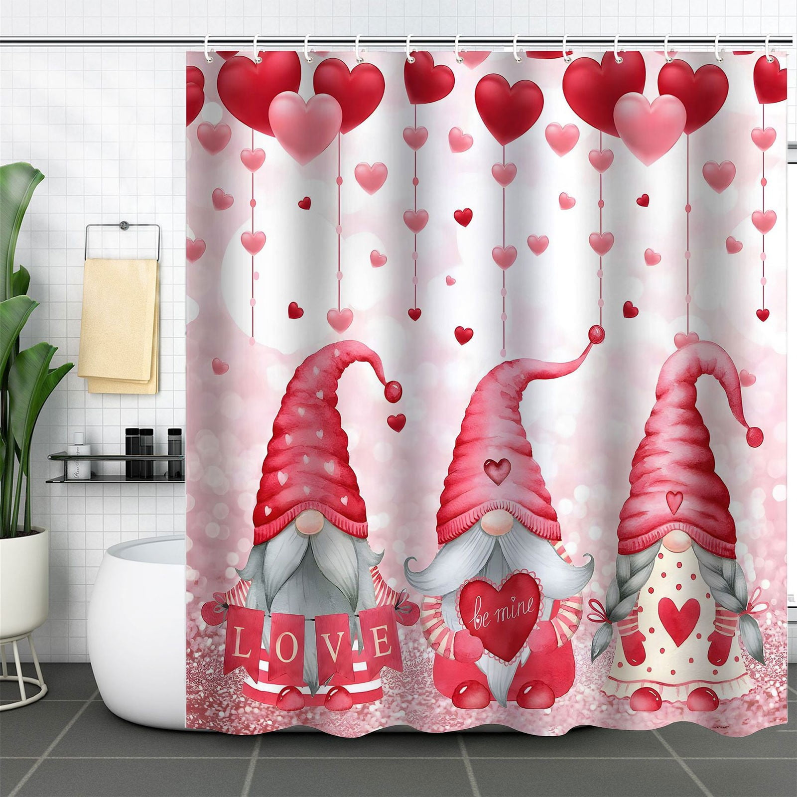 Valentine's Day Shower Curtain Red Love Hearted Gnomes Bath Curtain ...