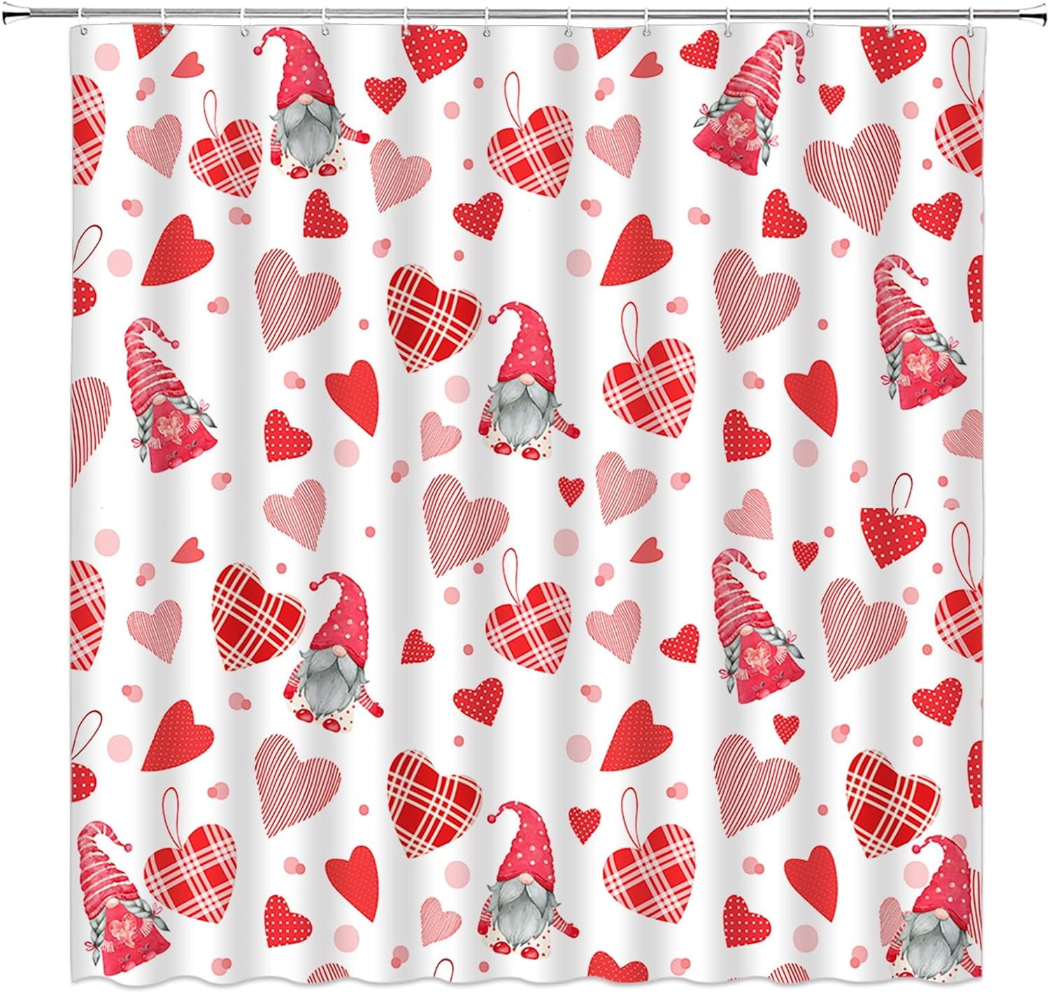 Valentine''s Day Shower Curtain Red Pink Heart Gnome Checkered Striped ...