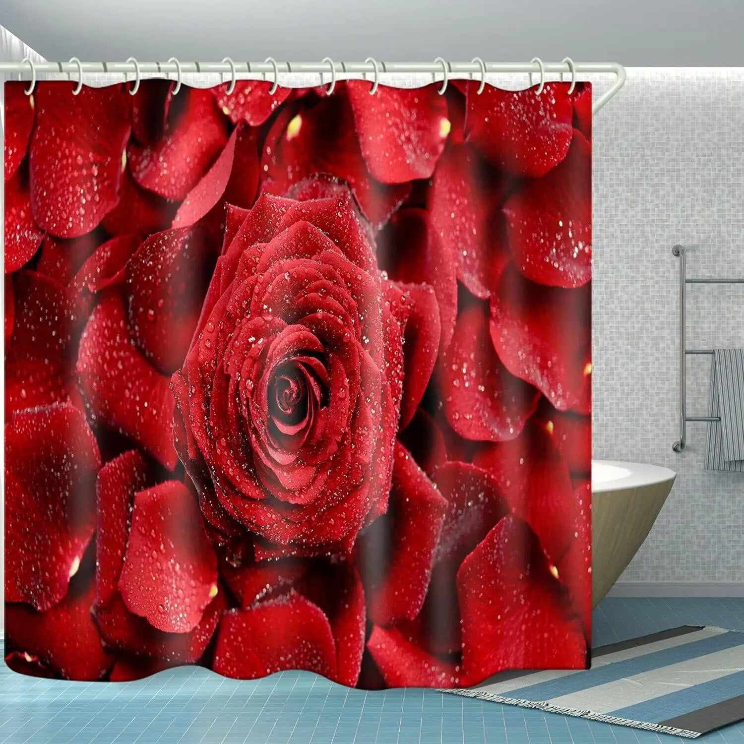 Valentine's Day Shower Curtain Red Roses Red Wine Glasses Romantic Wood ...